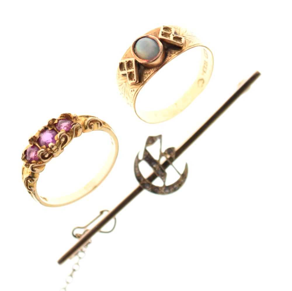 Lot 82 - Swedish 18ct gold opal ring, 9ct gold ruby