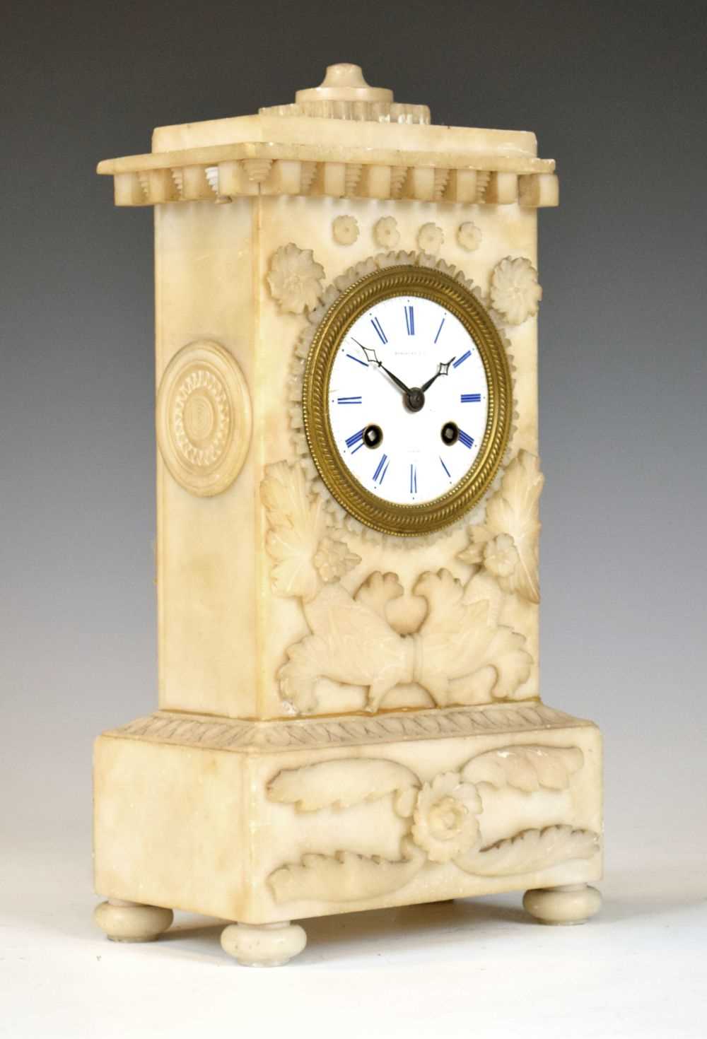 Lot 462 - 19th Century French alabaster mantel clock,
