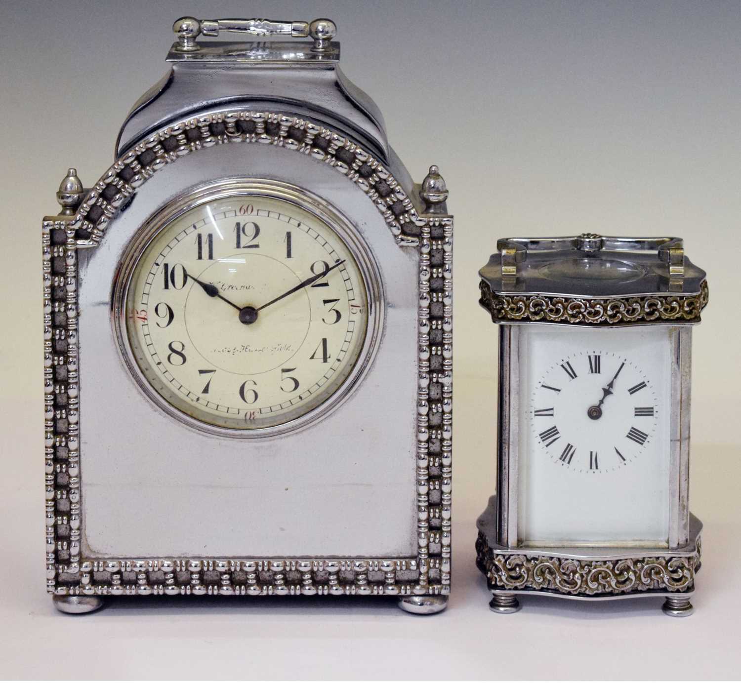 Lot 538 - French silvered mantel clock and carriage