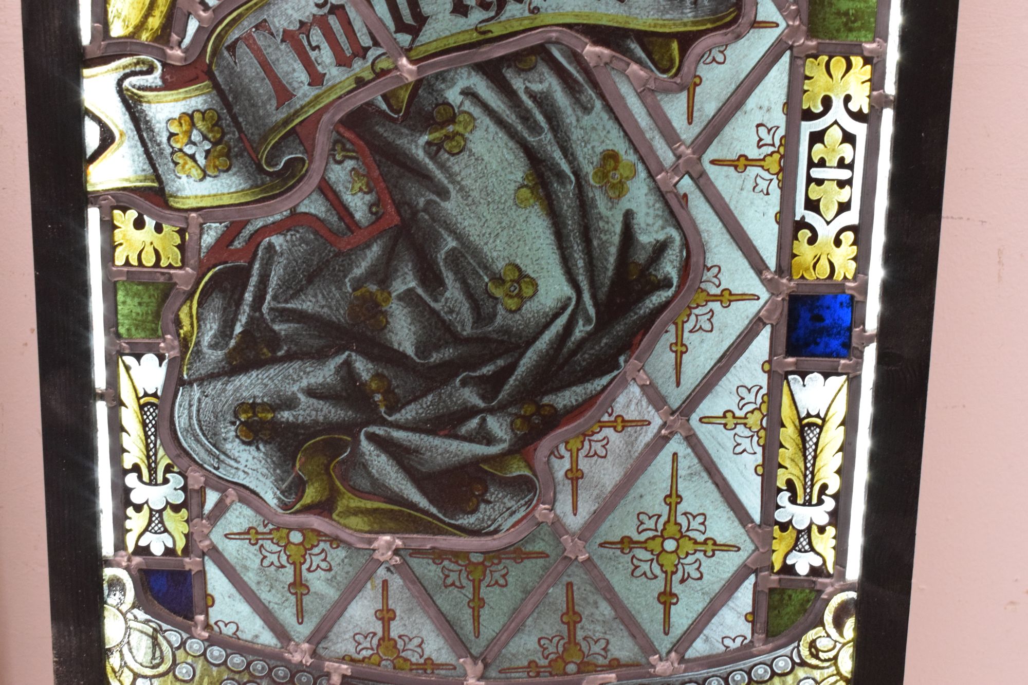 Lot 685 - Pair of lancet arched stained glass panels