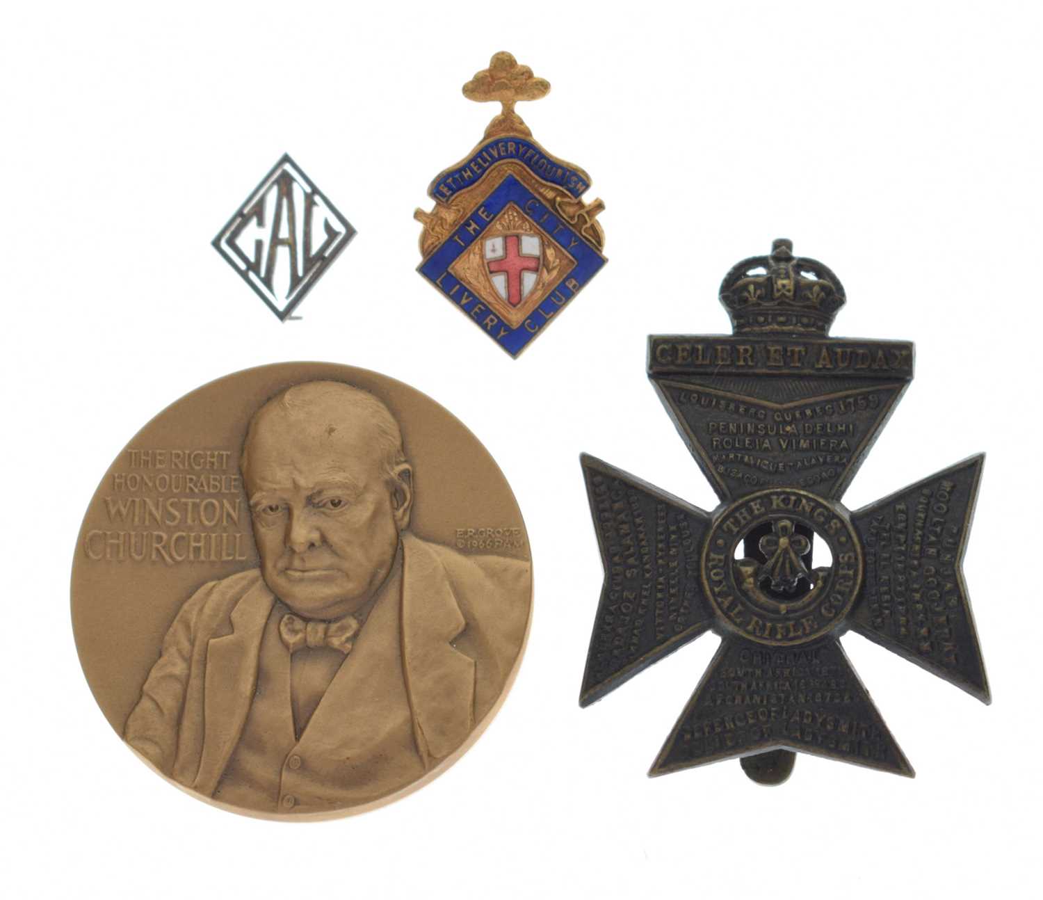 Lot 182 - Churchill bronze medallion, cap badge and