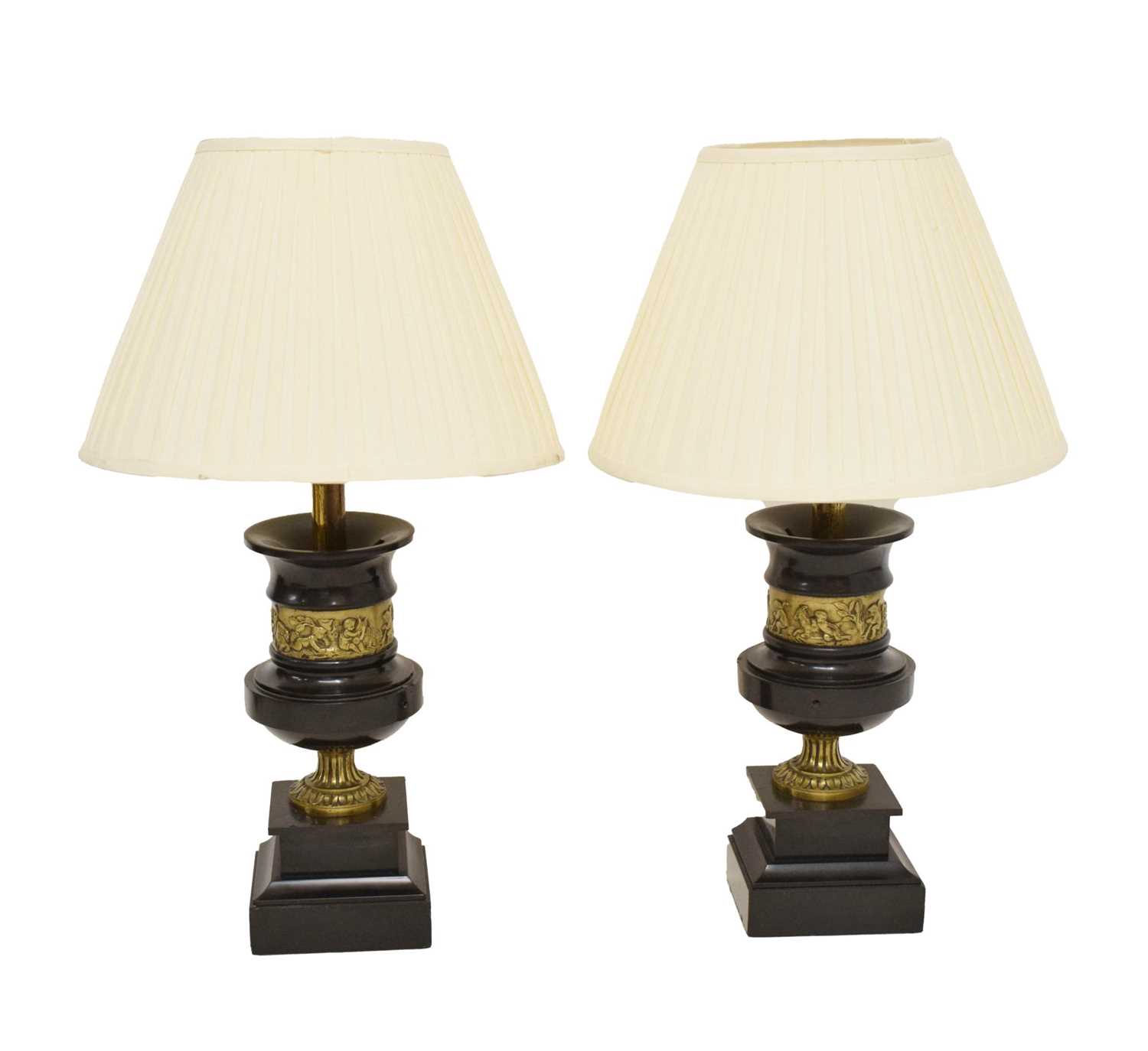 Lot 378 - Pair of black marble table lamps in the 19th