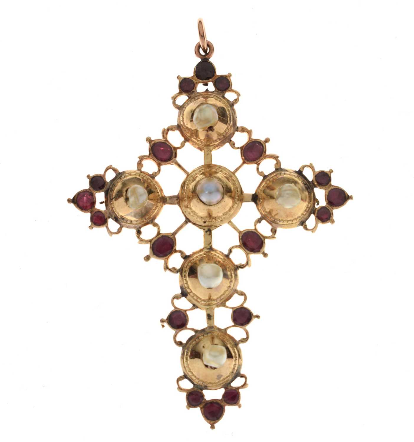 Lot 39 - Iberian pearl and gemstone yellow metal cross