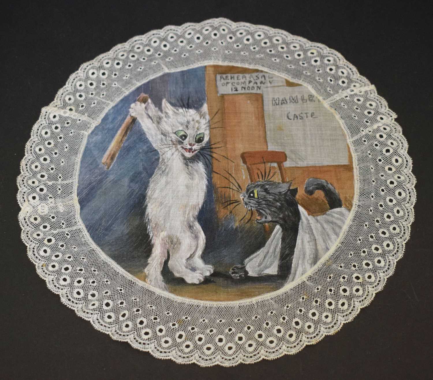 Lot 427 - After Louis Wain - Lace doily with painted