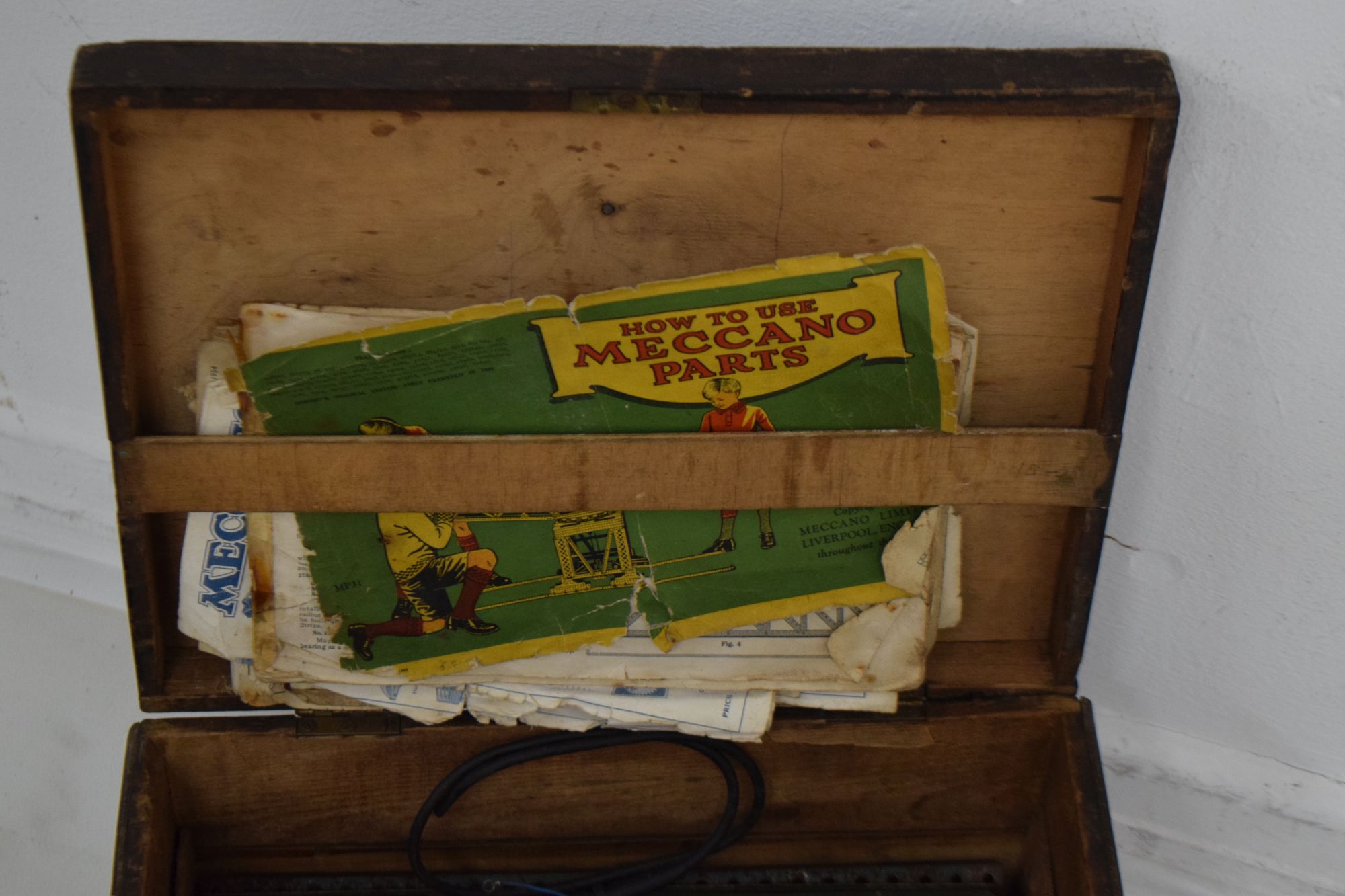 Lot 366 - Wooden tool box containing vintage Meccano