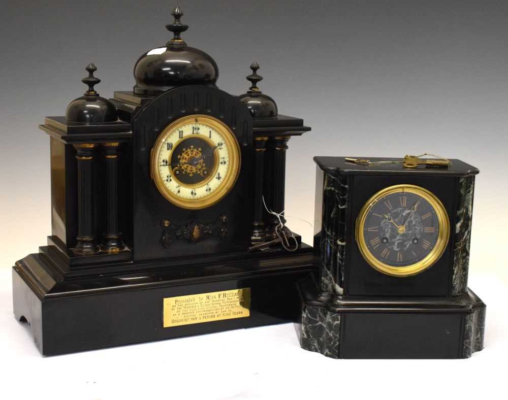 Lot 338 - French black slate mantel clock of